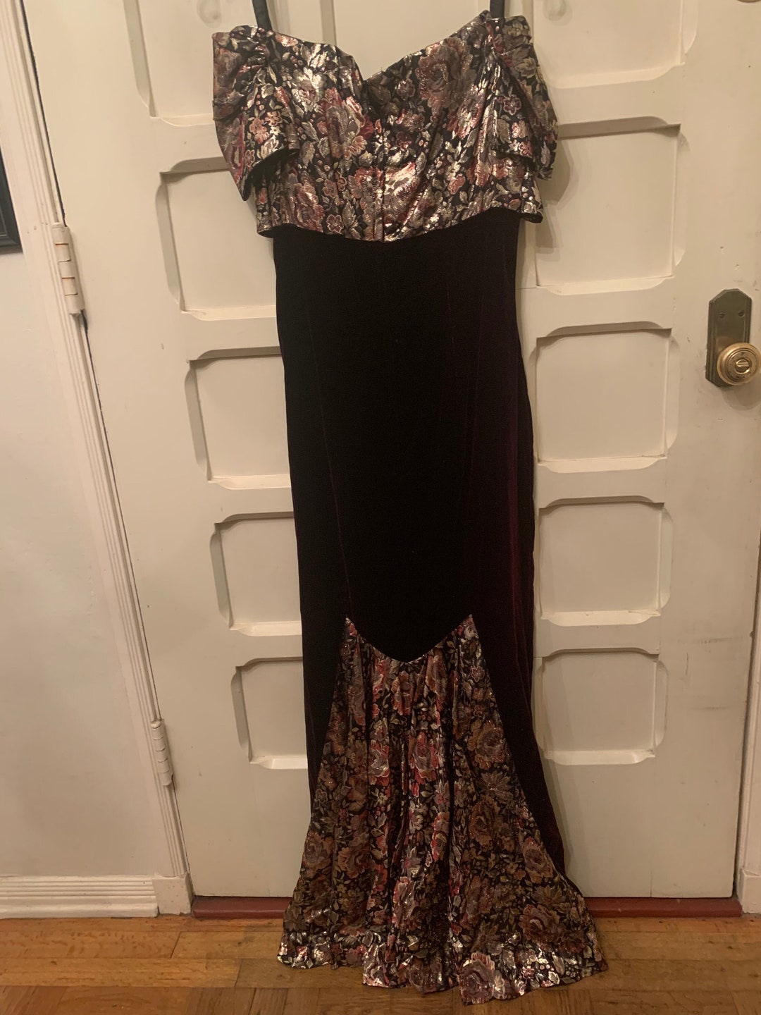 Vintage Jessica Mcclintock Velvet Black Dress off Shoulder With Floral ...