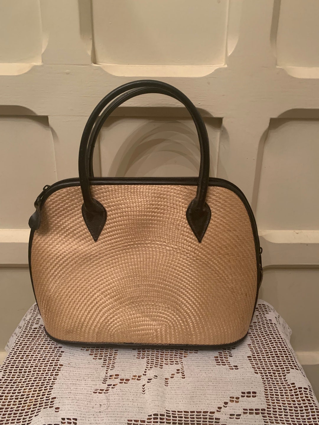 Vintage Straw Purse With Black Leather Straps L Bohemian Purse L Wicker ...