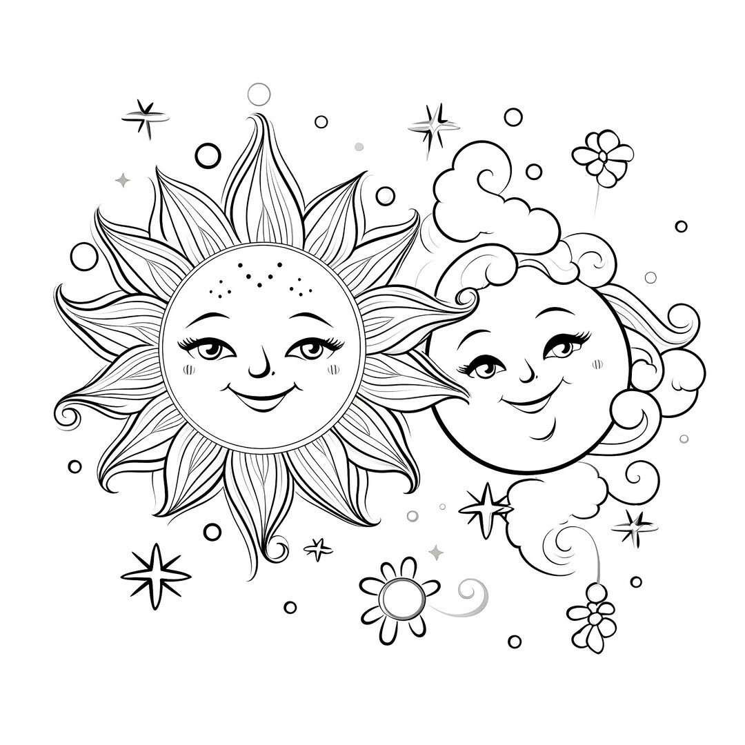 5 Sun and Moon Coloring Pages, Teacher, Color Pages for Kids, Cute ...