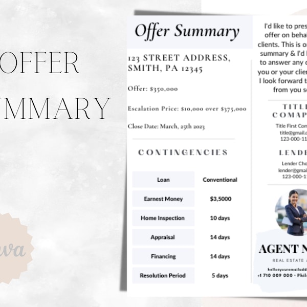 Real Estate Offer Summary Template - Etsy