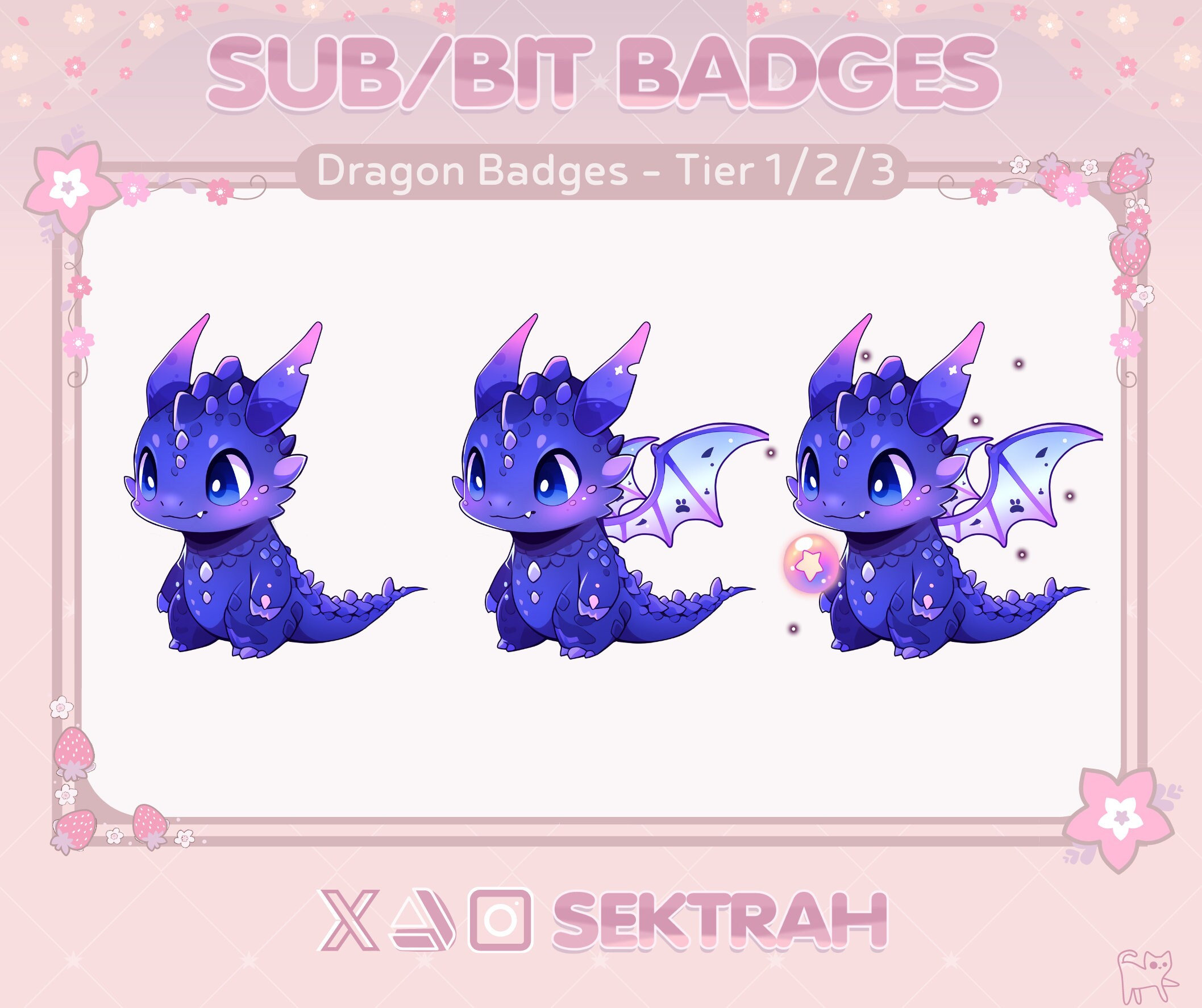 3 Cute Dragon Twitch Loyalty Sub Bit Badges - Tier 1/2/3/ Kawai Animal ...