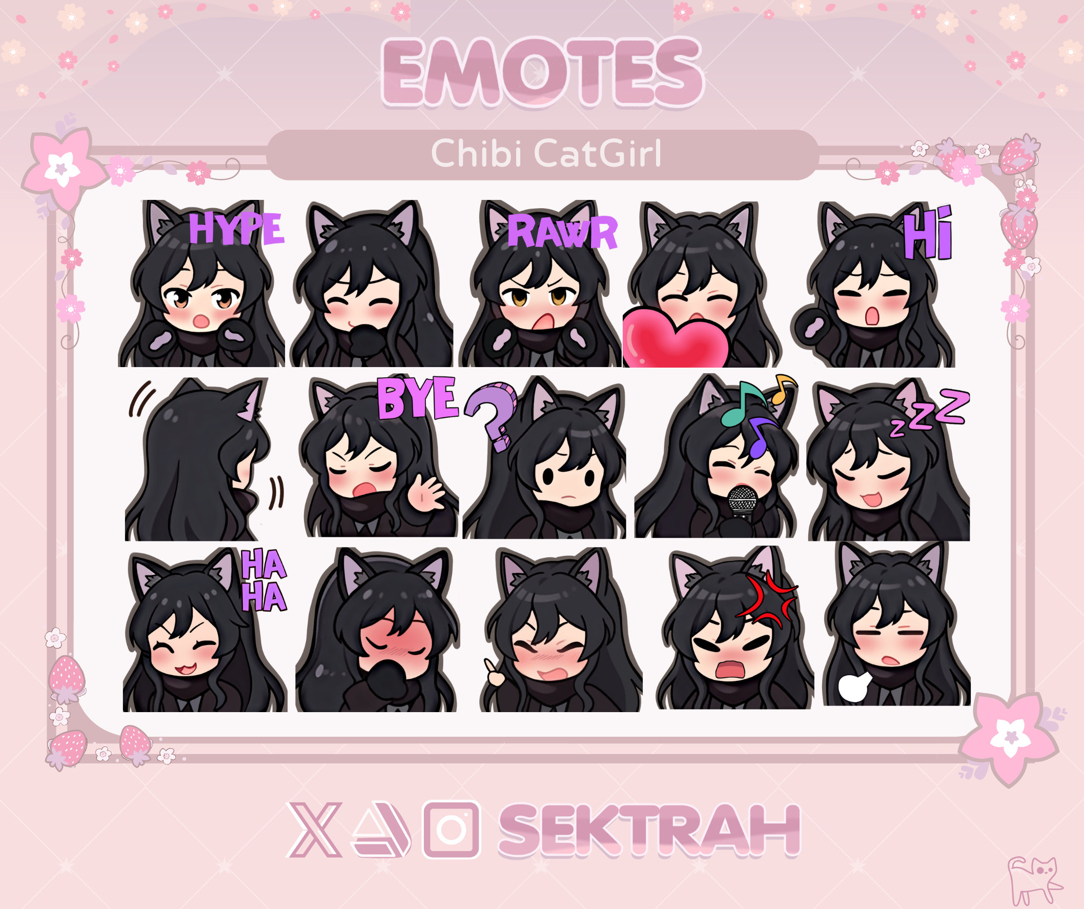 Chibi Cat Girl Emote Pack: Black Hair, Mittens - Twitch, Youtube ...