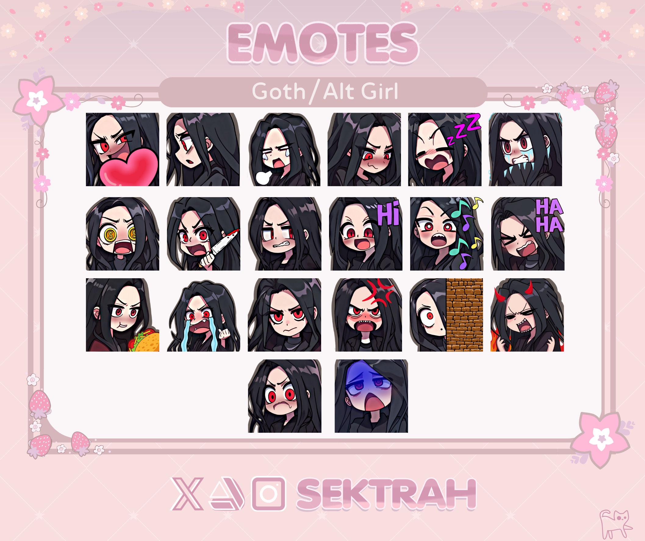 Goth Girl Emotes: Black Hair, Twitch/discord Streaming Pack (digital ...