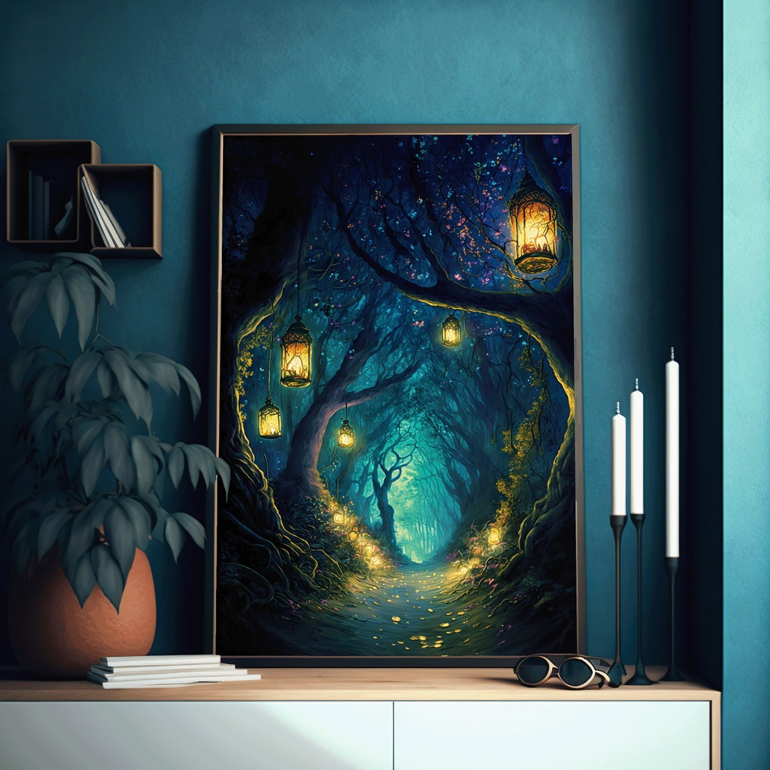 Spiritual Forest Wall Art Print Lanterns and Trees Gloomy - Etsy