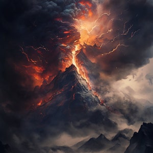 Fantasy Art Print Angry Volcano | Pond Beside Volcano Mountain | Huge ...