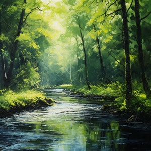 River View in the Green Forest Art Print - Spring Forest Painting ...