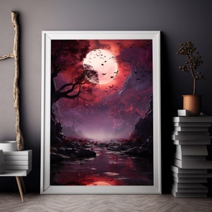 Crimson Blood Moon Art Print - Fantasy Landscape Painting - Perfect to ...