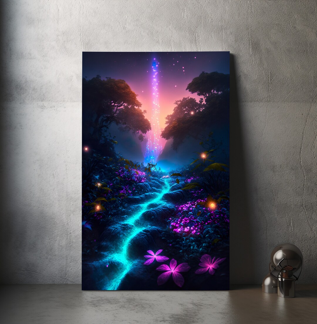 Fantasy Spiritual Forest Canvas | Magical Colorful Flowers Neon Lights ...