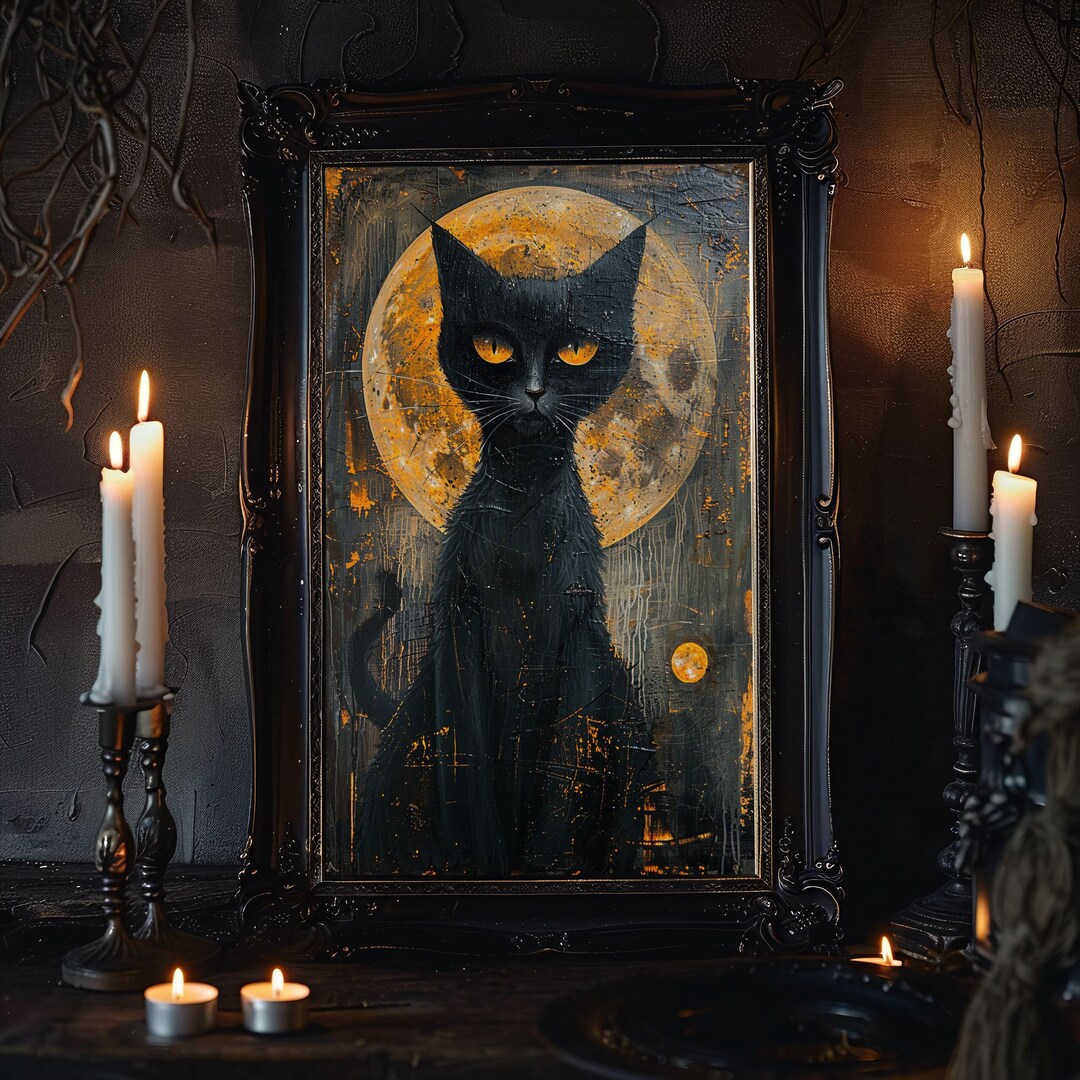 Spooky Black Cat Under the Amber Moon Painting Print Dark Art Painting ...