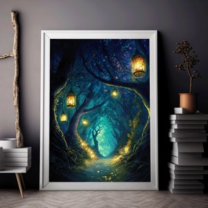 Spiritual Forest Wall Art Print Lanterns and Trees Gloomy Magical ...
