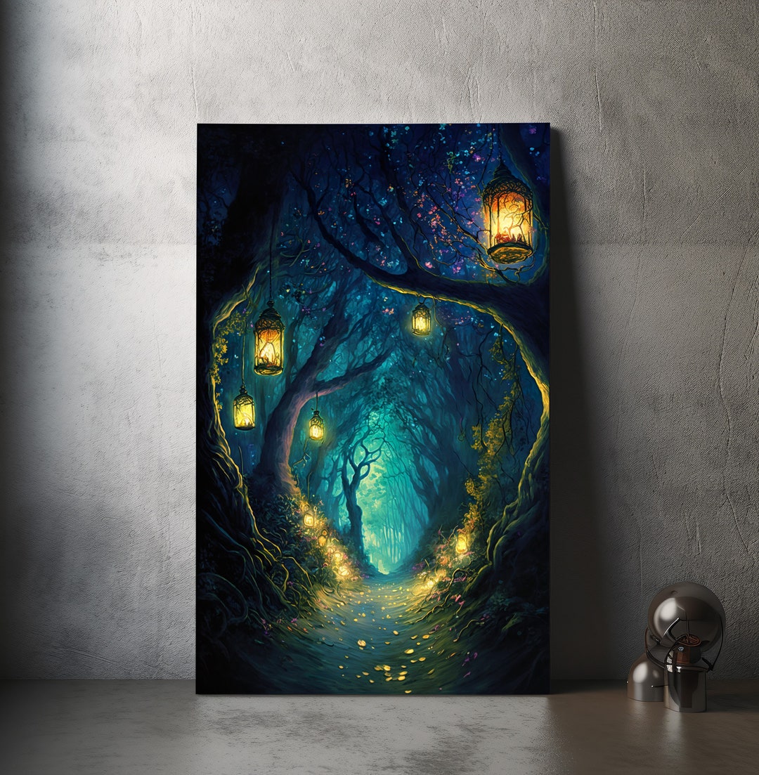 Spiritual Forest Wall Art Canvas | Lanterns and Trees | Gloomy Magical ...