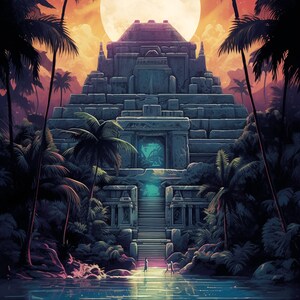 Aztec Pyramid Beside A River Art Print Ancient Civilization in Jungle ...