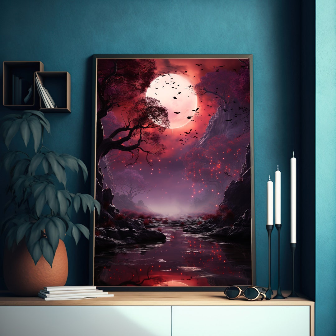 Crimson Blood Moon Art Print - Fantasy Landscape Painting - Perfect to ...