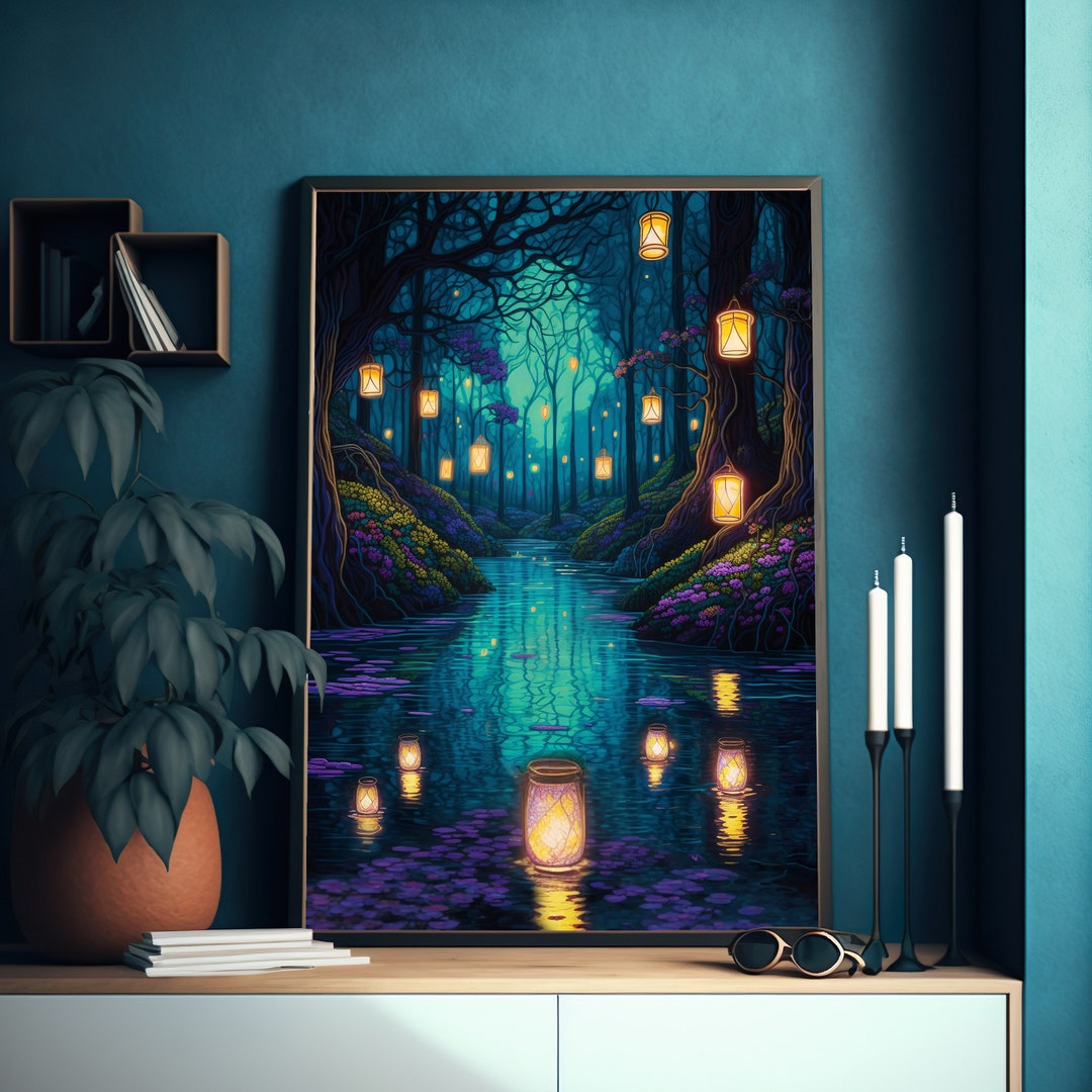 Spiritual Forest Pond and Lanterns Wall Art Print Serene Tranquil ...