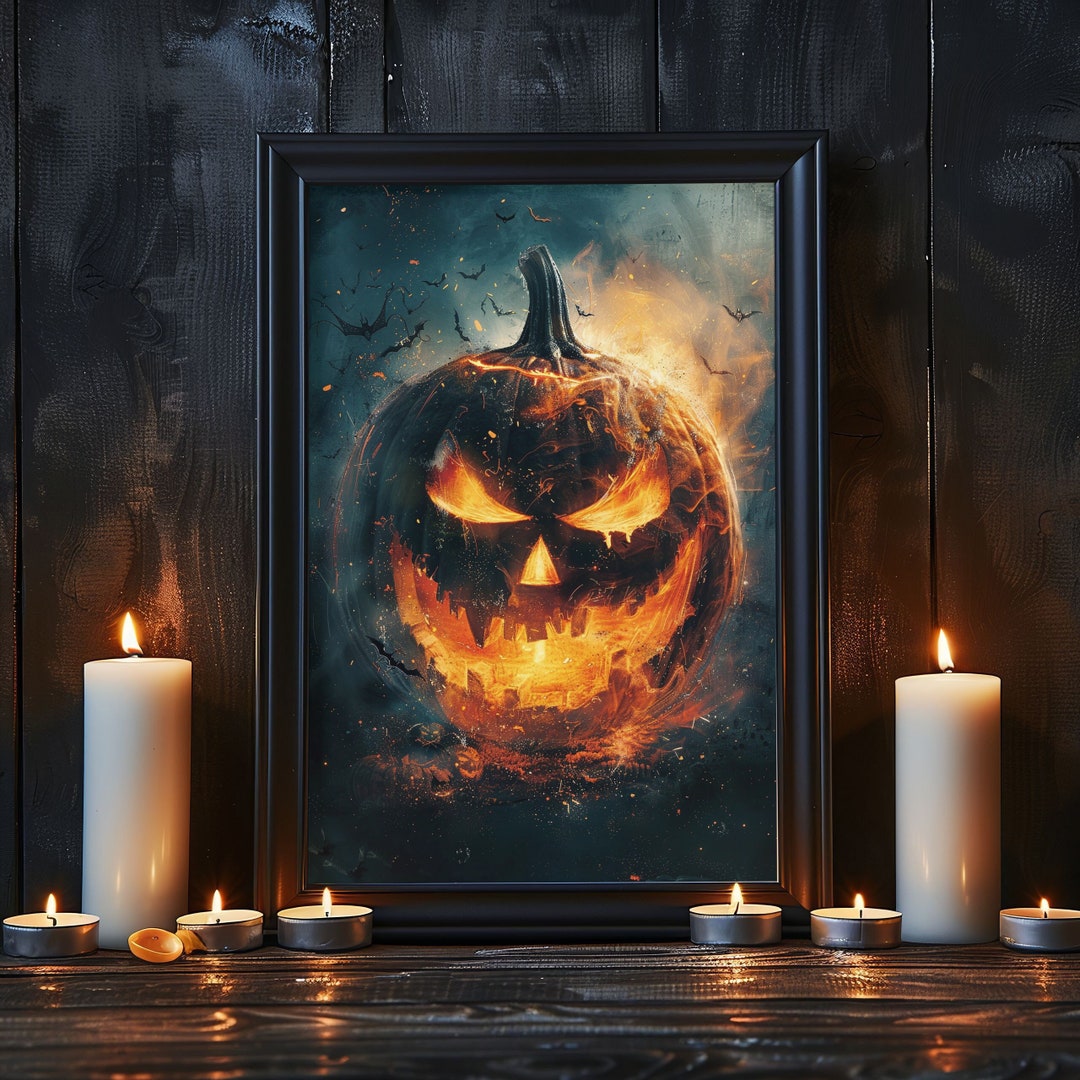 Ghost Pumpkin Jack-o'lantern Wall Art Print Halloween Dark Art Painting ...