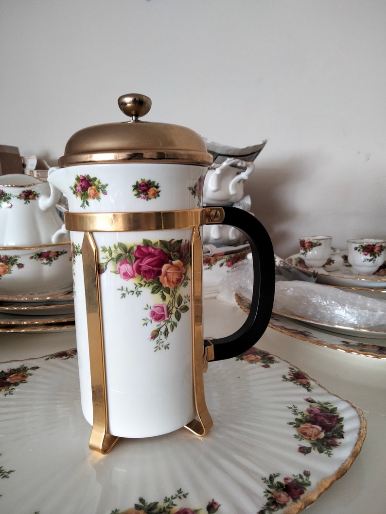 Rare ROYAL ALBERT Old Country Roses Coffee Maker, Cafetiere Bone China ...