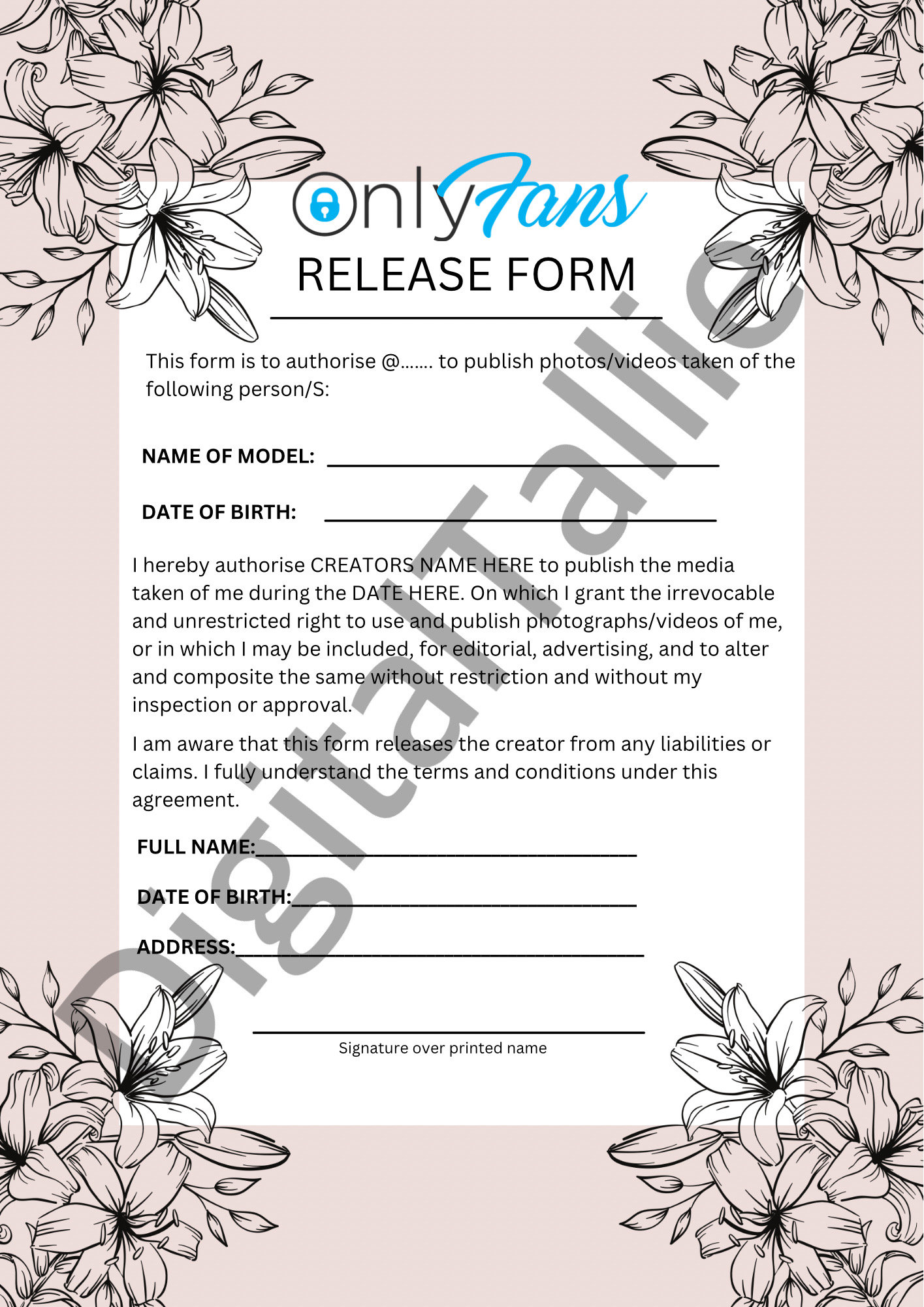 Onlyfans Content Consent Form, Editable Template, Digital Download - Etsy