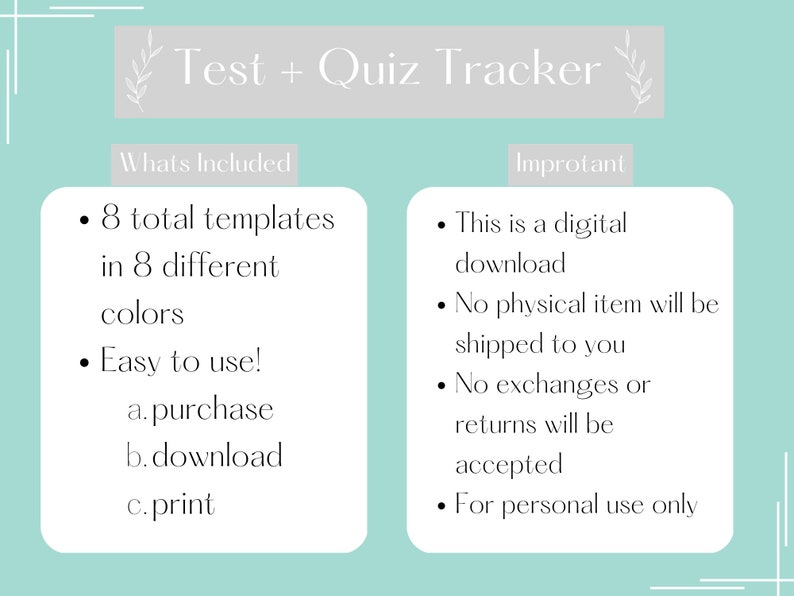 Test and Quiz Tracker Template, Test Planner, Quiz Planner,test and ...