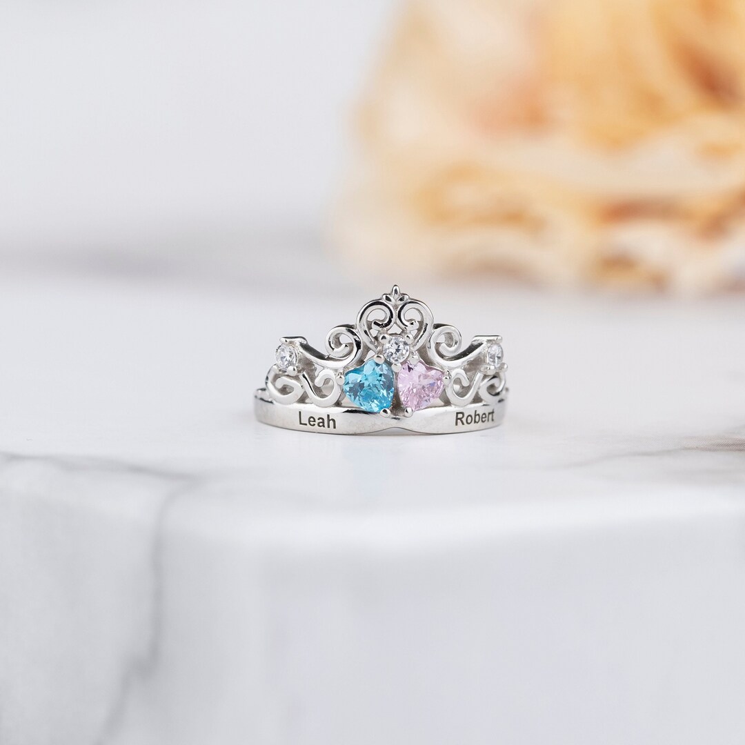 Name Engraved Heart Cut Birthstone Crown Ring, Personalized Gift ...