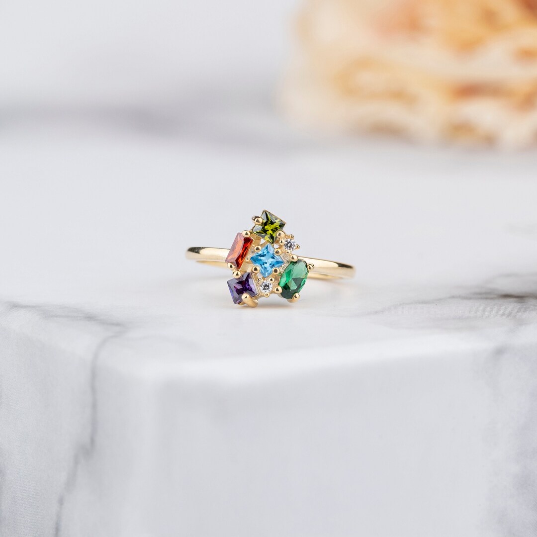 5 Birthstones Ring, Different Shapes Cut Birthstones Personalized Ring ...