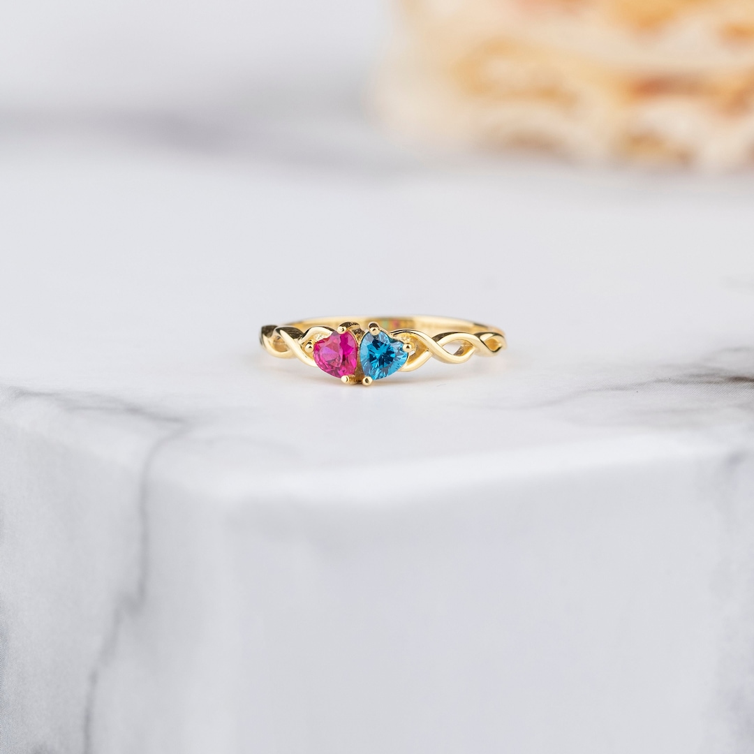 Double Heart Birthstone Promise Ring, 14K Gold, Personalized Gift ...