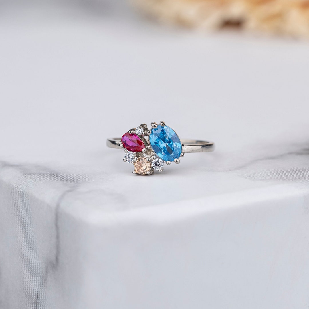 Pear & Oval Cut 3 Birthstones Ring, Personalized Ring, Handmade Jewelry ...