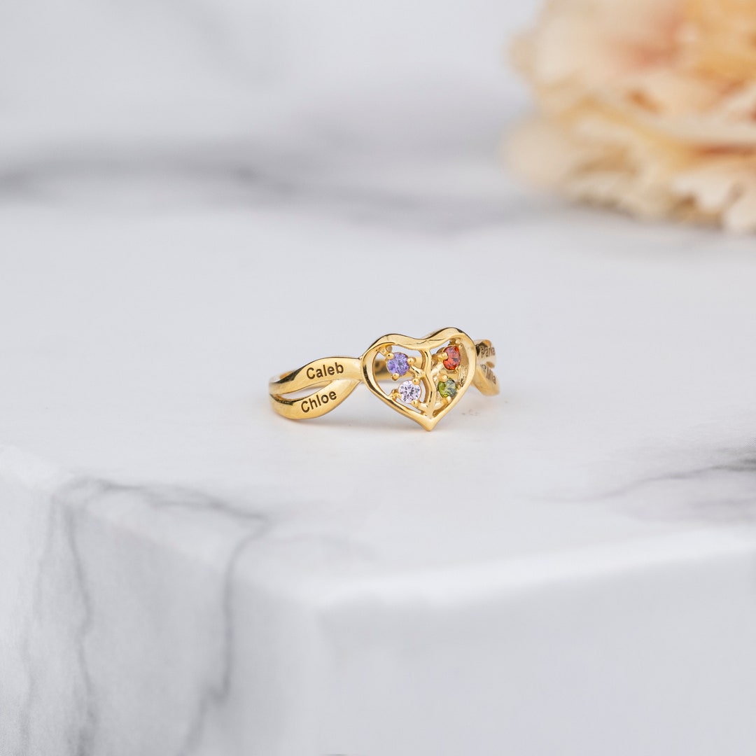 Family Tree Ring, Name Engraved Heart Birthstone Ring, Personalized ...