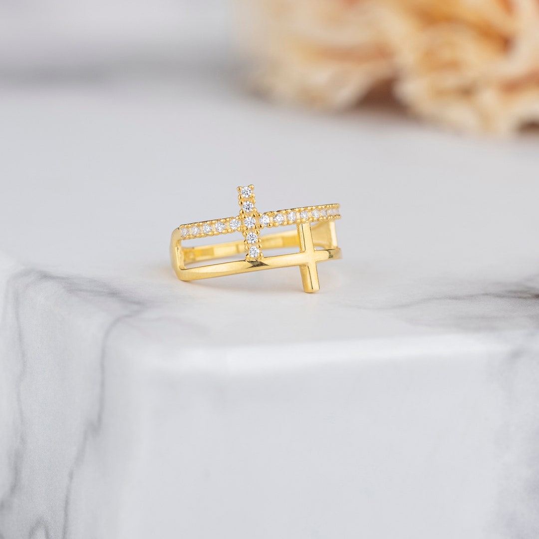 Double Cross Diamond Ring, Dainty Silver Ring, Handmade Gift Jewelry ...