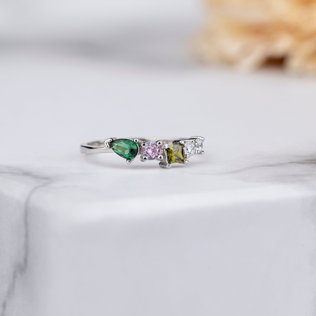 Pear & Square Cut 3 Birthstones Ring, Personalized Ring, Handmade ...