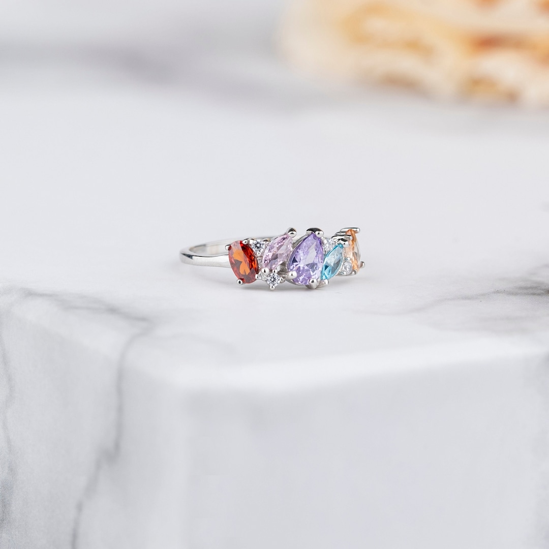 Different Shapes Cut Birthstones, 5 Birthstones Ring, Personalized Ring ...