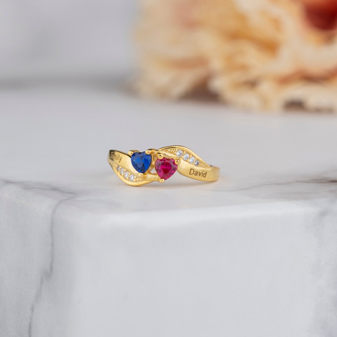 Curved Name Engraved Heart Birthstone Ring, Personalized Gift, Handmade ...