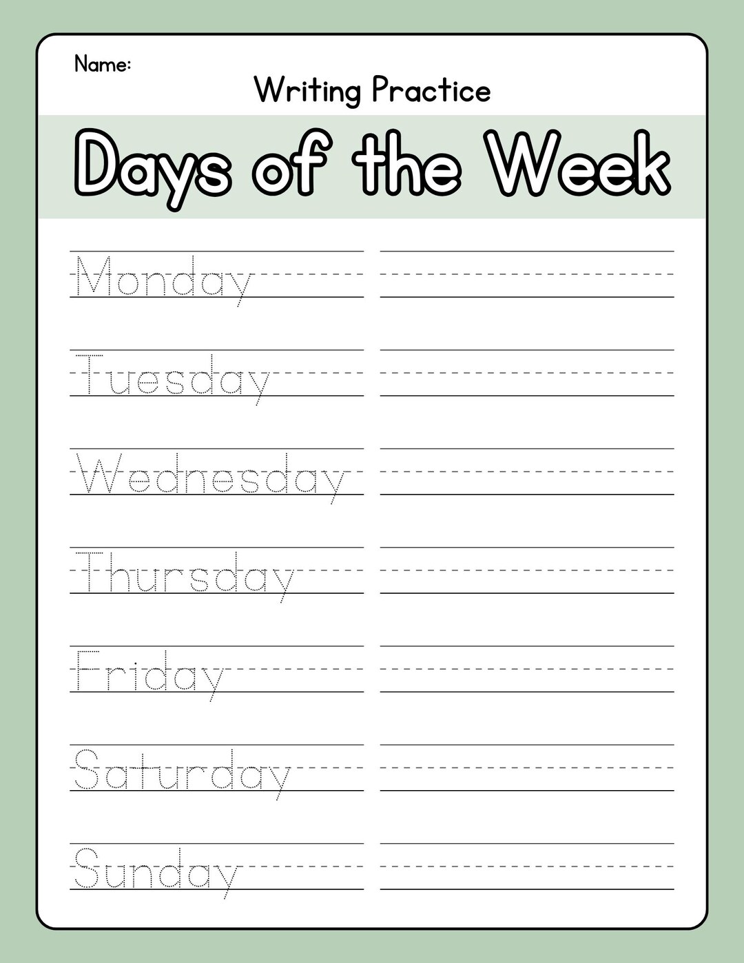 Days of the Week Digital Download Worksheet - Etsy