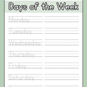 Days of the Week Digital Download Worksheet - Etsy