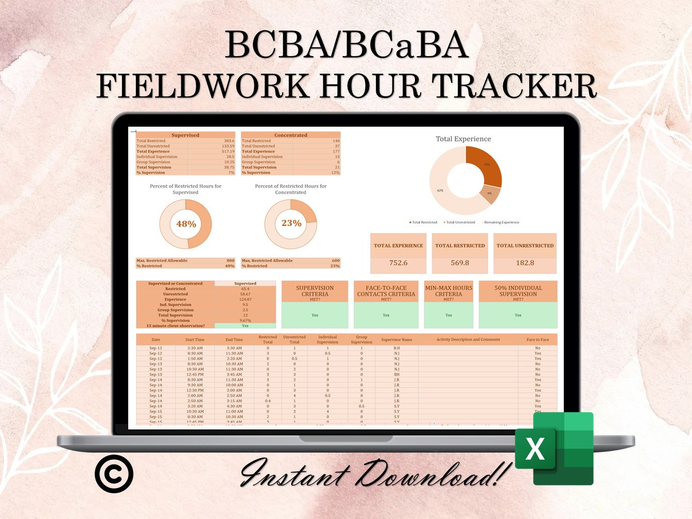 Bcba/bcaba Fieldwork Hour Tracker (supervised and Concentrated) - Etsy