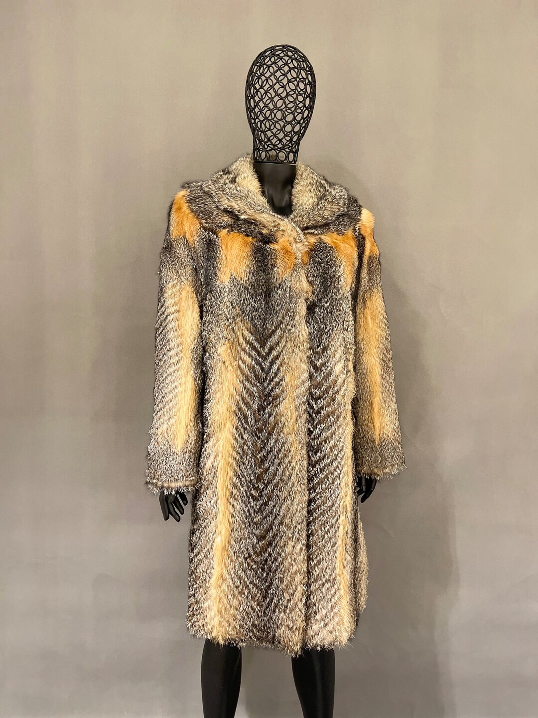Grey Fox Fur Coat Vintage Handmade Real Fur Coat Genuine Leather Coat ...