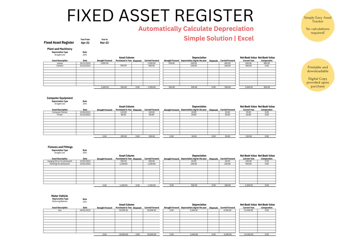 DEPRECIATION REGISTER | Asset Tracker | Automated Calculation | Instant ...