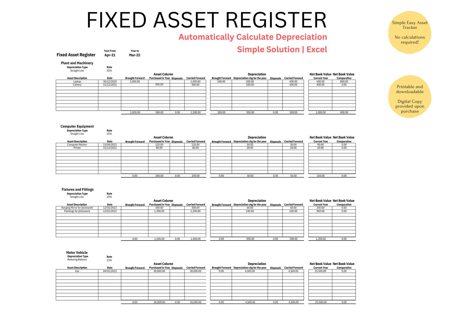 Depreciation Register Template | Fixed Asset Tracker Spreadsheet ...