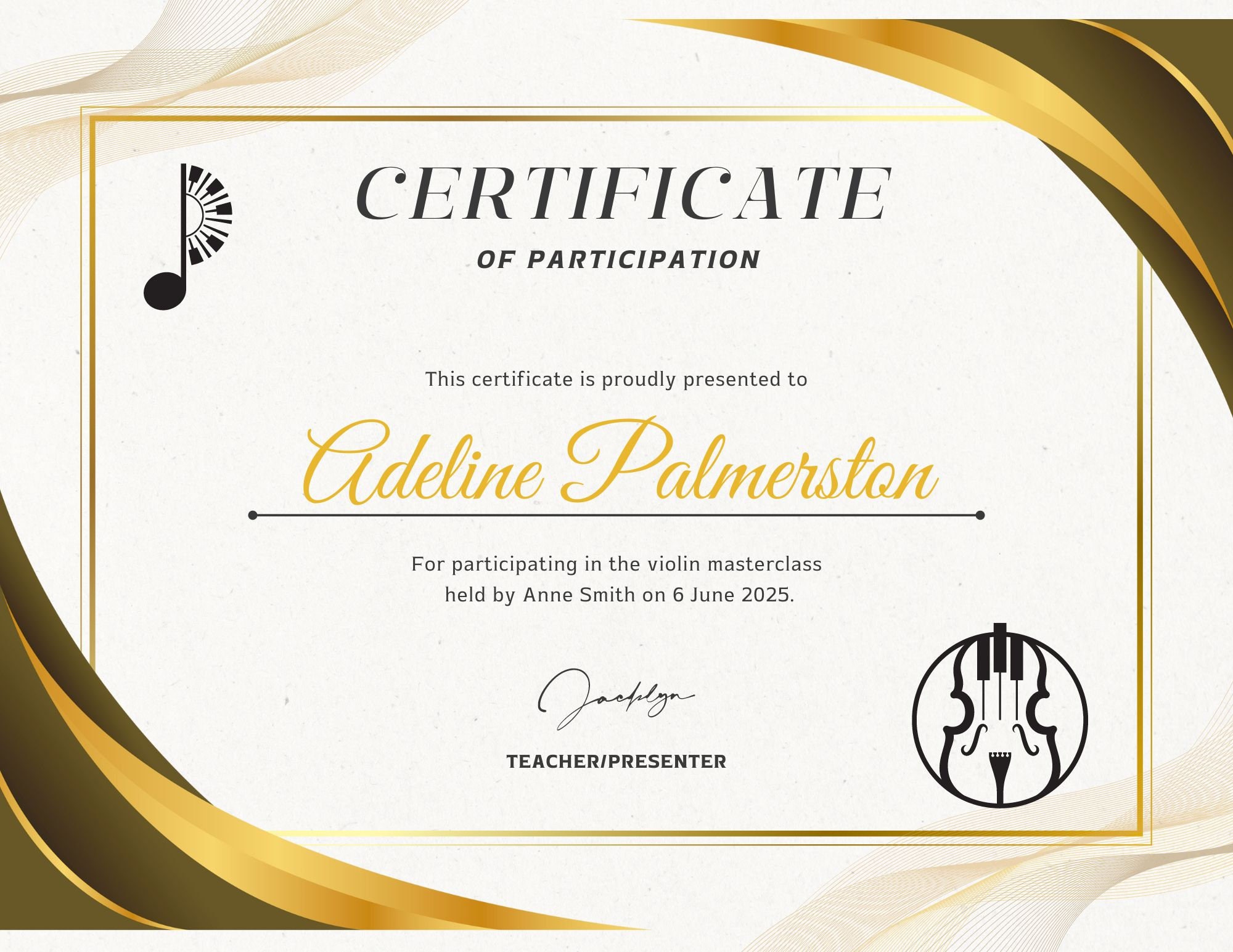 Certificate of Participation, Music Recital, Customize Template ...