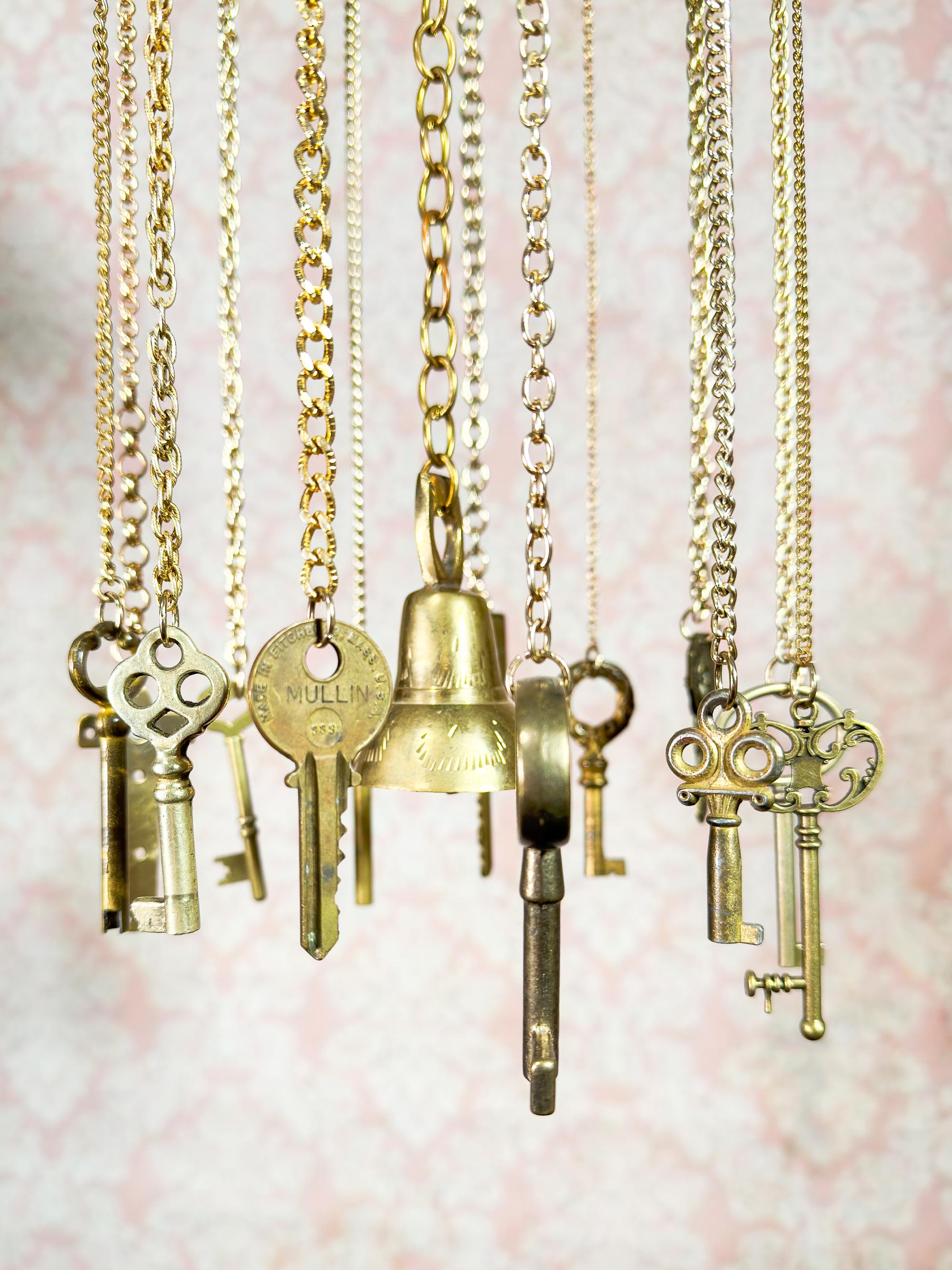 Key Wind Chime With Vintage Green Funnel and A Bell Chime Skeleton Keys ...