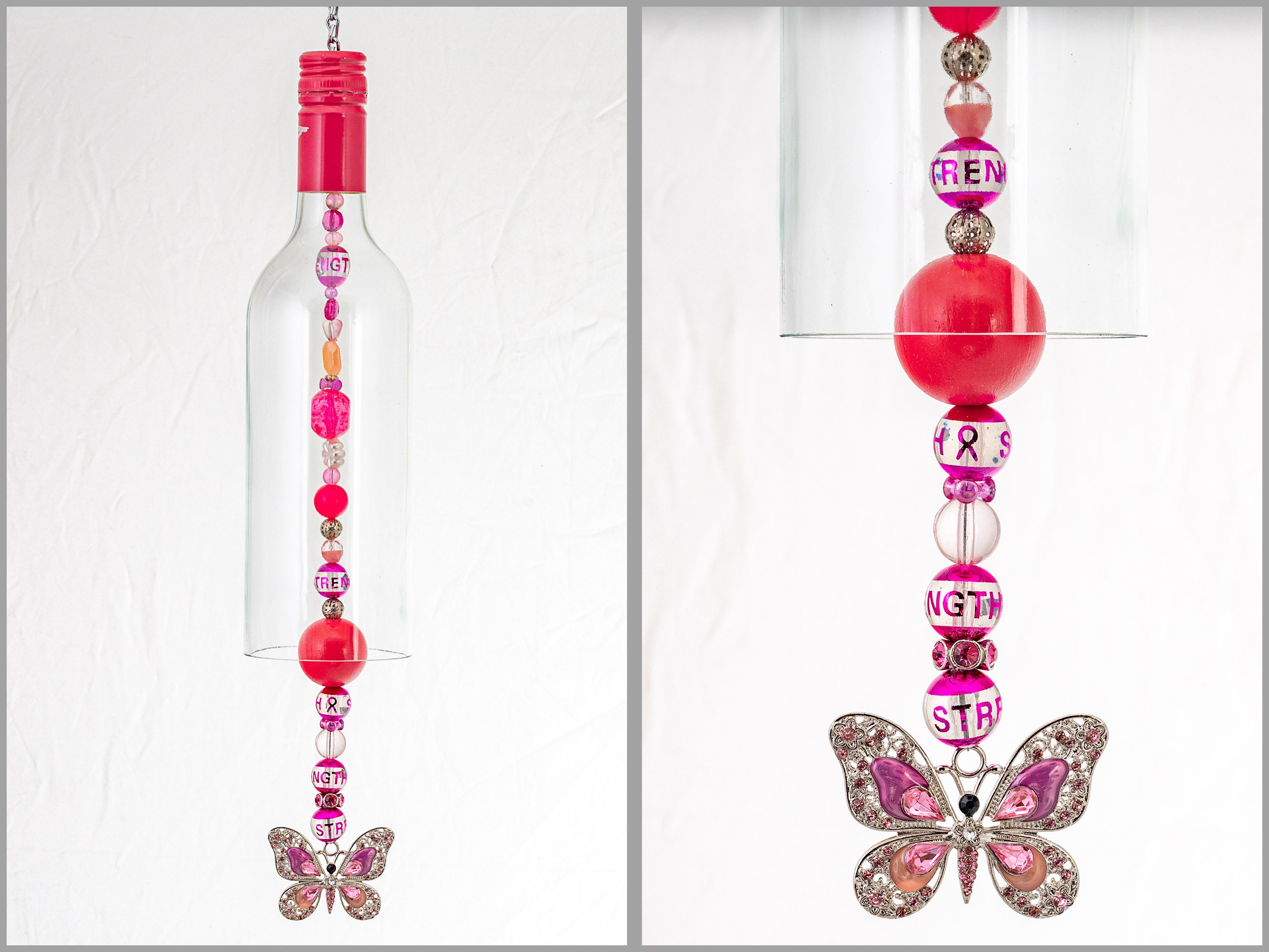 Clear Wine Bottle Wind Chime With Breast Cancer Awareness Strength ...