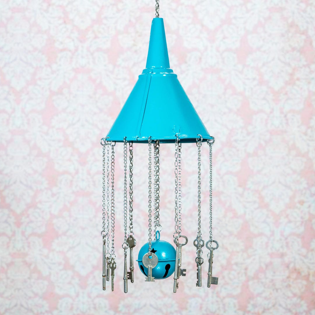 Key Wind Chime With Vintage Turquoise Blue Funnel and Sleigh Bell ...