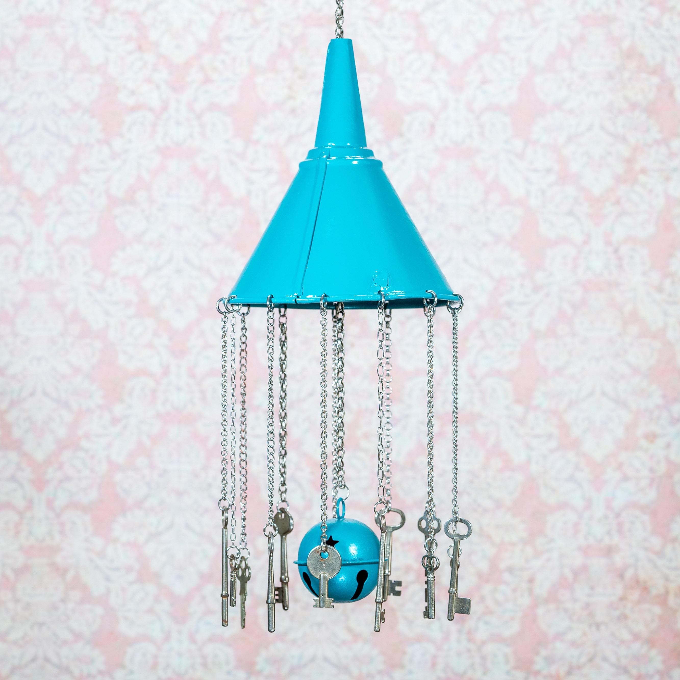 Key Wind Chime With Vintage Turquoise Blue Funnel and Sleigh Bell ...