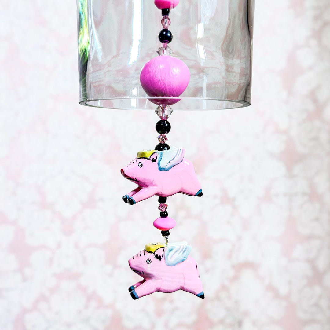 Flying Pigs Wind Chime Wine Bottle • Black and Pink Beads • Wooden ...