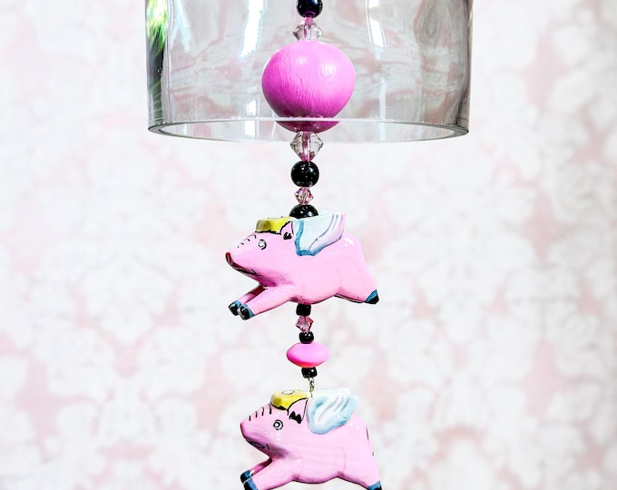 Flying Pigs Wind Chime Wine Bottle • Black and Pink Beads • Wooden ...