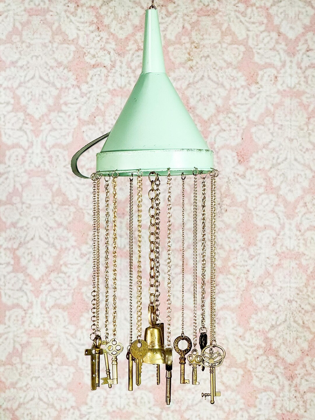Key Wind Chime With Vintage Green Funnel and A Bell Chime • Skeleton ...