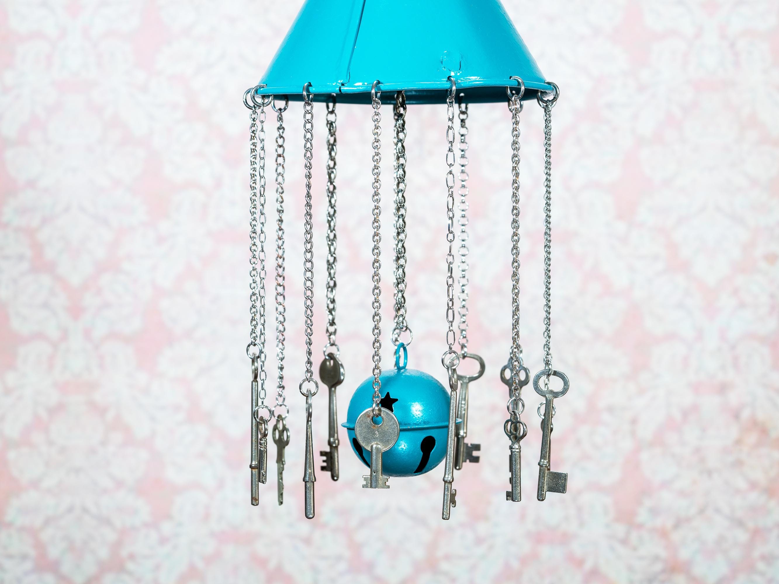 Key Wind Chime With Vintage Turquoise Blue Funnel and Sleigh Bell ...