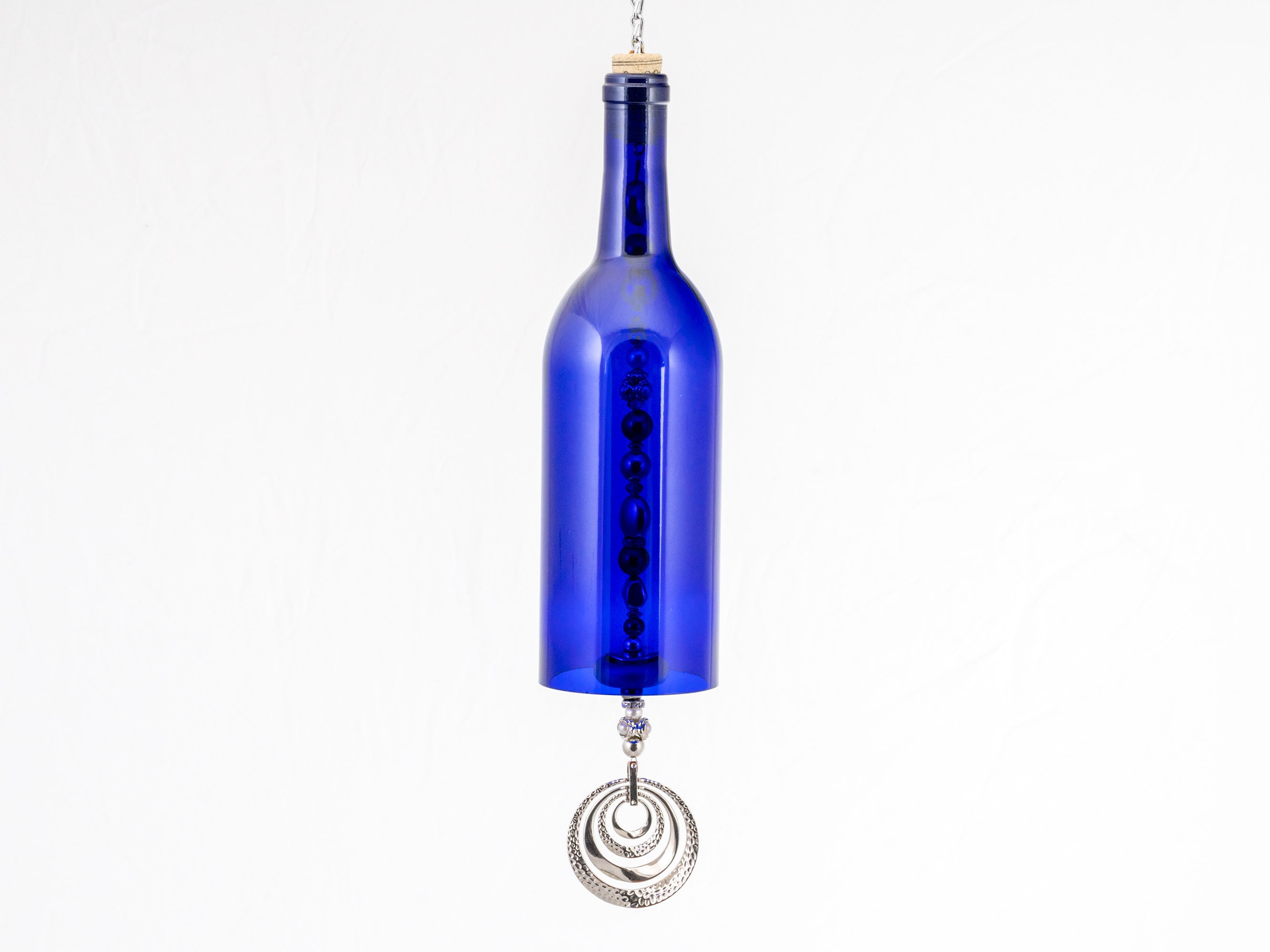 Multi Hoop Wind Chime Blue Wine Bottle • Silver Colored Beads and Multi ...
