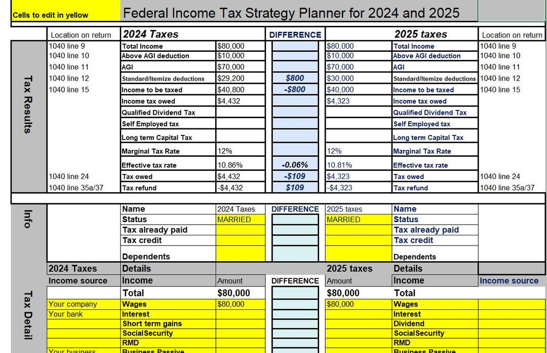 Excel 2024 and 2025 Tax Planner Spreadsheet, Self Employment Tax ...