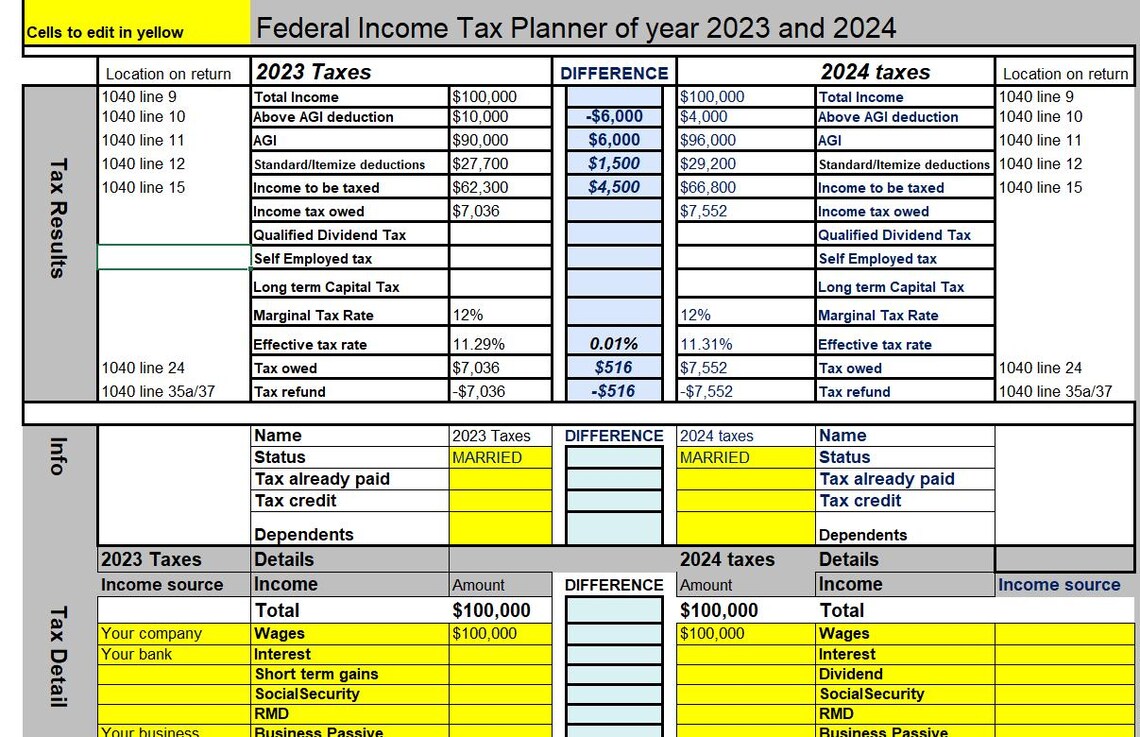 Excel 2023 and 2024 Tax Planner Spreadsheet, Retirement Calculator, IRA ...