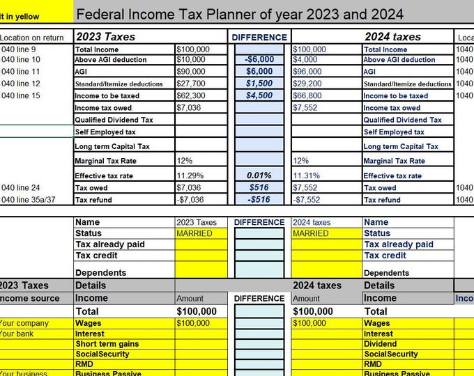 Excel 2023 and 2024 Tax Planner Spreadsheet, Retirement Calculator, IRA ...